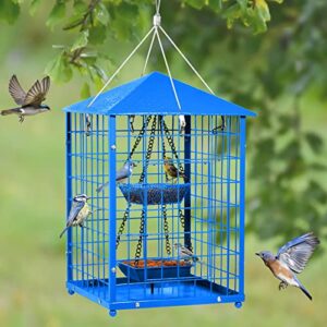 Mealworms Bird Feeders for Bluebirds - Metal - Huge Caged Squirrel-proof Bird Feeders with 2 Cups, DIY Wild Bird Feeders Outdoor Hanging (Blue), Attract Small Birds, 2lbs Seed Capacity+1 Mealworms Cup