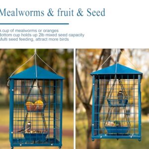 Mealworms Bird Feeders for Bluebirds - Metal - Huge Caged Squirrel-proof Bird Feeders with 2 Cups, DIY Wild Bird Feeders Outdoor Hanging (Blue), Attract Small Birds, 2lbs Seed Capacity+1 Mealworms Cup