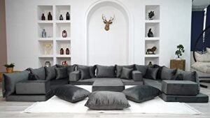 anthracite color u shaped velvet floor seating, velvet cushions, floor couches, moroccan livingroom home decor, arabic majlis, sleeping sofa (u sofa + ottoman + pillows)