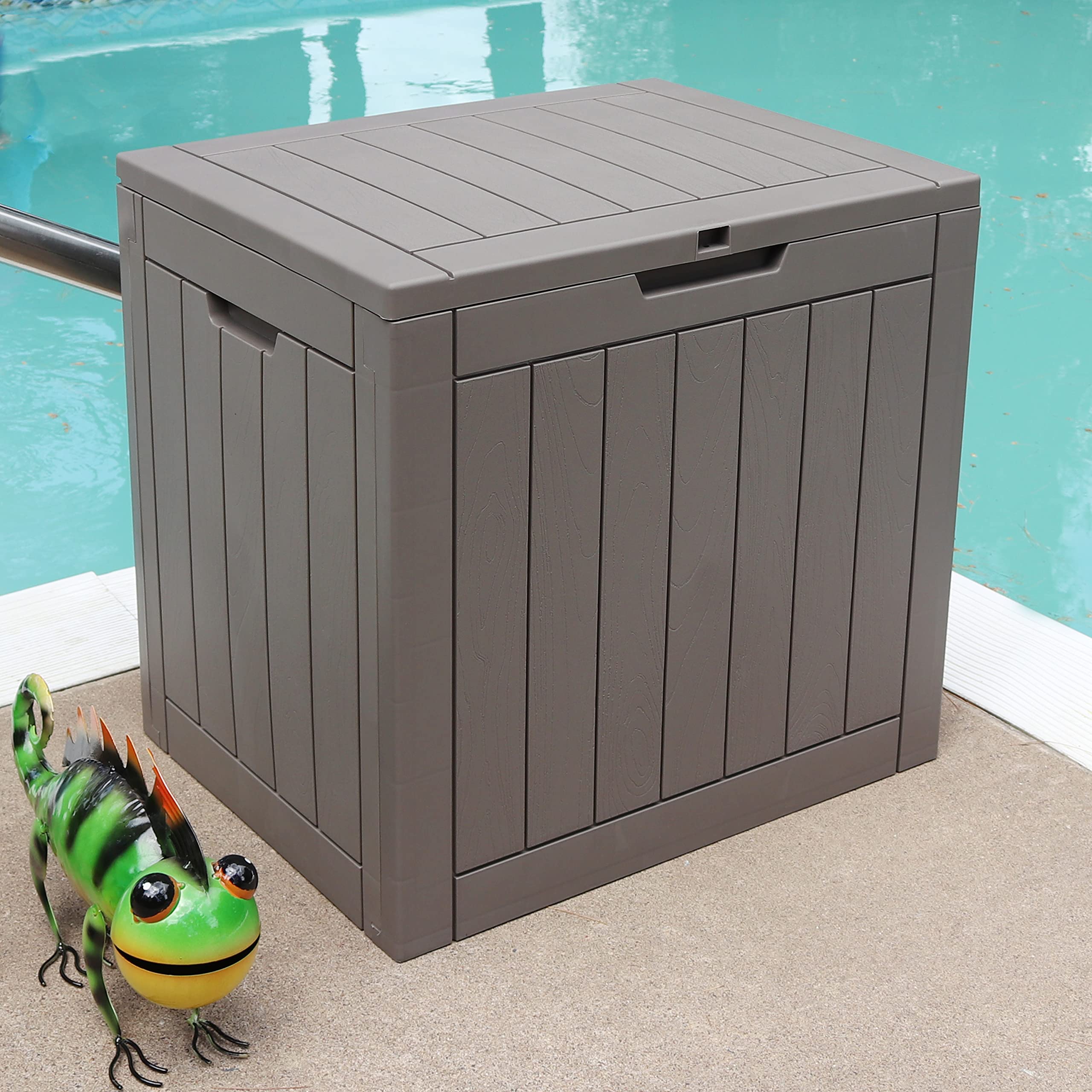 Sunnydaze 32-Gallon Faux Wood Design Outdoor Deck Box - Lockable Lid and Side Handles - Driftwood