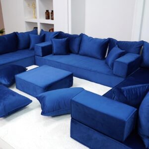 8" Thickness Royal Blue U Shaped Floor Seating Sofas, Sofa Bed Couch, Luxury Velvet Sofas, Moroccan Home Decor Livingroom Sofas, Arabic Seating Sofa (U Sofa + Ottoman + Pillows)