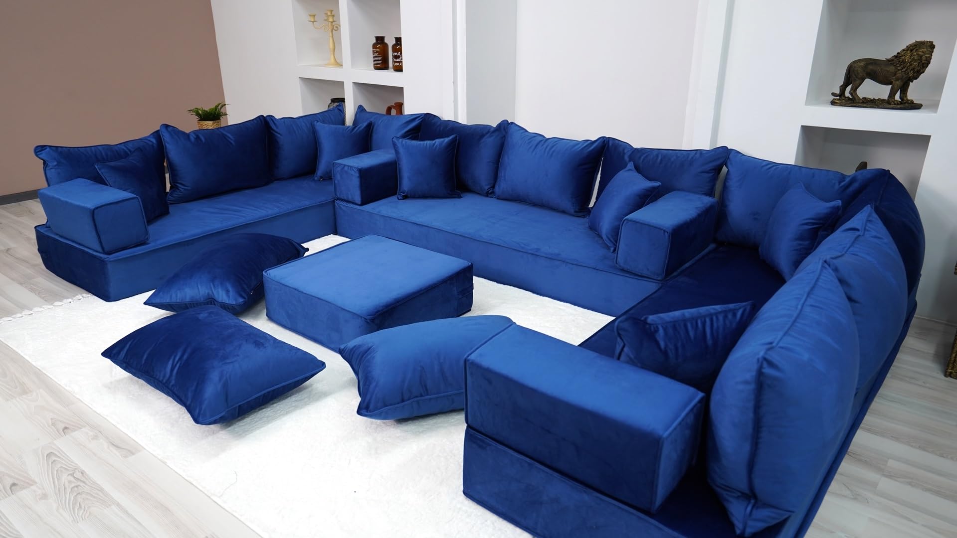 8" Thickness Royal Blue U Shaped Floor Seating Sofas, Sofa Bed Couch, Luxury Velvet Sofas, Moroccan Home Decor Livingroom Sofas, Arabic Seating Sofa (U Sofa + Ottoman + Pillows)