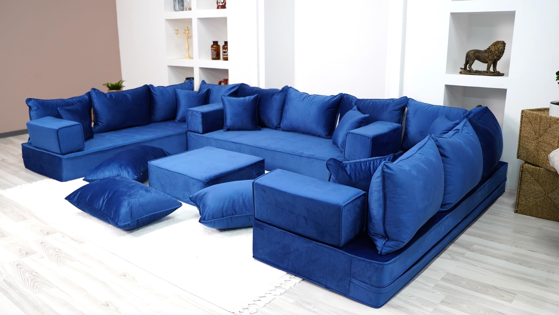 8" Thickness Royal Blue U Shaped Floor Seating Sofas, Sofa Bed Couch, Luxury Velvet Sofas, Moroccan Home Decor Livingroom Sofas, Arabic Seating Sofa (U Sofa + Ottoman + Pillows)