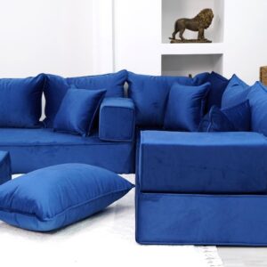 8" Thickness Royal Blue U Shaped Floor Seating Sofas, Sofa Bed Couch, Luxury Velvet Sofas, Moroccan Home Decor Livingroom Sofas, Arabic Seating Sofa (U Sofa + Ottoman + Pillows)