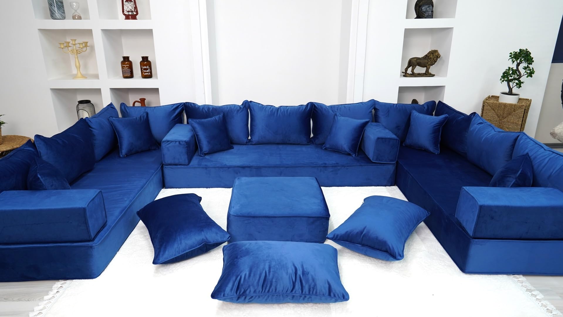 8" Thickness Royal Blue U Shaped Floor Seating Sofas, Sofa Bed Couch, Luxury Velvet Sofas, Moroccan Home Decor Livingroom Sofas, Arabic Seating Sofa (U Sofa + Ottoman + Pillows)