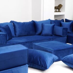 8" Thickness Royal Blue U Shaped Floor Seating Sofas, Sofa Bed Couch, Luxury Velvet Sofas, Moroccan Home Decor Livingroom Sofas, Arabic Seating Sofa (U Sofa + Ottoman + Pillows)