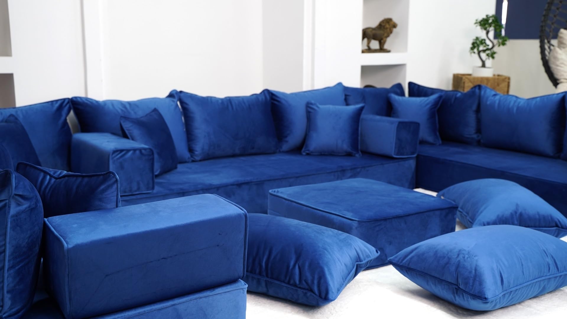 8" Thickness Royal Blue U Shaped Floor Seating Sofas, Sofa Bed Couch, Luxury Velvet Sofas, Moroccan Home Decor Livingroom Sofas, Arabic Seating Sofa (U Sofa + Ottoman + Pillows)