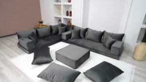 dark gray color modern livingroom floor cushions, sectional sofas, pallet sofa, moroccan home decor livingroom sofa, luxury arabic sofa set (l sofa + ottoman + pillows)