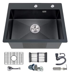 black kitchen sink stainless steel 19.7 x 15.7 inch single bowl drop in kitchen sink with gift: stainless steel bottom grid, faucet sprayer, drain strainer set for modern kitchen sink