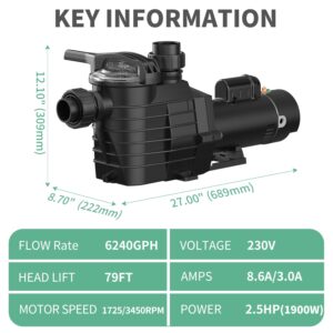 Pipopa 2.5hp Inground Pool Pump | 2-Speed Control | 6240GPH Flow | 79ft Head Lift | Swimming Pool Pump for Inground Pools | 230V AC 60HZ