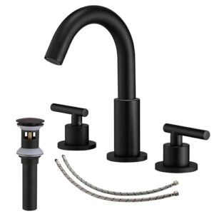 bathlavish 180° swivel spout matte black bathroom faucet 3 hole 8 inch widespread two handle lavatory vanity sink modern with pop up drain with overflow set 3 piece mixer tap