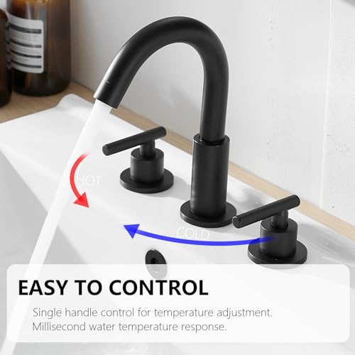 BATHLAVISH 180° Swivel Spout Matte Black Bathroom Faucet 3 Hole 8 Inch Widespread Two Handle Lavatory Vanity Sink Modern with Pop Up Drain with Overflow Set 3 Piece Mixer Tap