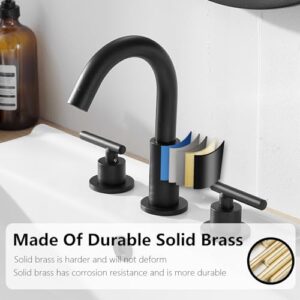 BATHLAVISH 180° Swivel Spout Matte Black Bathroom Faucet 3 Hole 8 Inch Widespread Two Handle Lavatory Vanity Sink Modern with Pop Up Drain with Overflow Set 3 Piece Mixer Tap