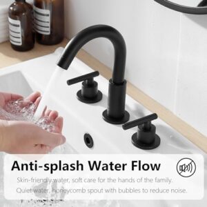 BATHLAVISH 180° Swivel Spout Matte Black Bathroom Faucet 3 Hole 8 Inch Widespread Two Handle Lavatory Vanity Sink Modern with Pop Up Drain with Overflow Set 3 Piece Mixer Tap