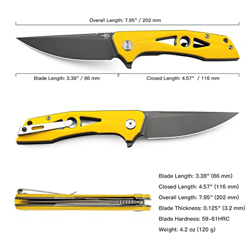 BESTECH KNIVES Folding Pocket Knife with Clip: 3.39" D2 Tool Steel Straight Back Gray Titanium Blade, G10 Handle, Flipper Liner Lock, Everyday Carry Gift for Men Women (BG23C Yellow)