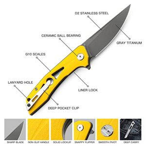 BESTECH KNIVES Folding Pocket Knife with Clip: 3.39" D2 Tool Steel Straight Back Gray Titanium Blade, G10 Handle, Flipper Liner Lock, Everyday Carry Gift for Men Women (BG23C Yellow)