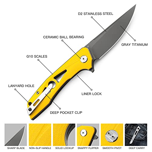 BESTECH KNIVES Folding Pocket Knife with Clip: 3.39" D2 Tool Steel Straight Back Gray Titanium Blade, G10 Handle, Flipper Liner Lock, Everyday Carry Gift for Men Women (BG23C Yellow)