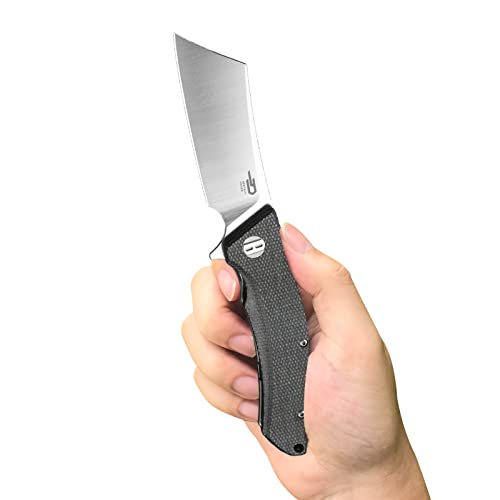 BESTECH KNIVES Cleaver Folding Pocket Knife: 3.15" D2 Steel Stain Stonewashed Cleaver Blade, Micarta Handle, Flipper Liner Lock, for Camping Fishing Hiking Hunting (BG42A Black)