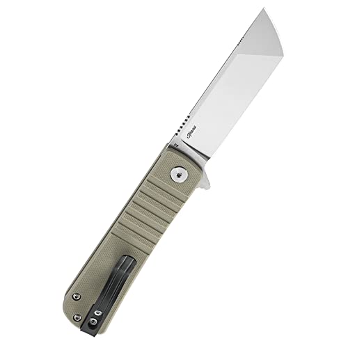 BESTECH KNIVES Tanto Folding Pocket Knife: 2.96" D2 Steel Stain Stonewashed Blade, G10 Handle, Flipper Liner Lock, Deep Carry Clip (BG49A-2 Beige)