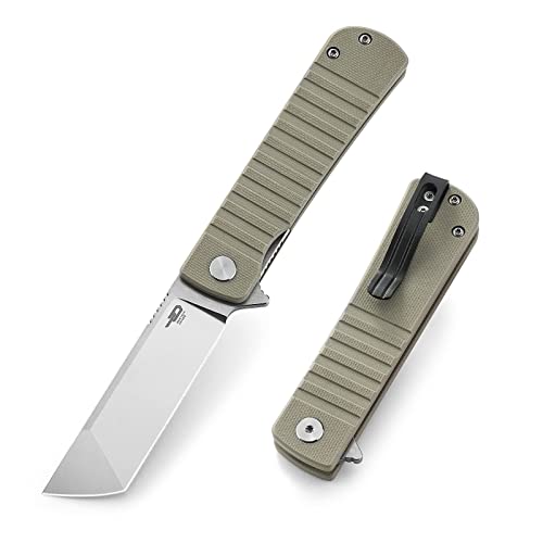 BESTECH KNIVES Tanto Folding Pocket Knife: 2.96" D2 Steel Stain Stonewashed Blade, G10 Handle, Flipper Liner Lock, Deep Carry Clip (BG49A-2 Beige)