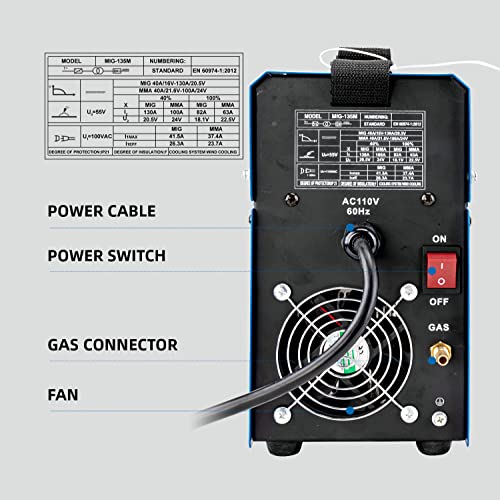 LASTON MIG-135M 110V MIG Welder 3 in 1, 130Amp Flux Core Welder Flux MIG/MMA Welder/Lift TIG,ARC Stick Welder IGBT Digital Display LCD Welding Machine with Electrode Holder, Work Clamp