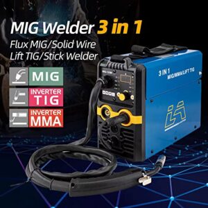 LASTON MIG-135M 110V MIG Welder 3 in 1, 130Amp Flux Core Welder Flux MIG/MMA Welder/Lift TIG,ARC Stick Welder IGBT Digital Display LCD Welding Machine with Electrode Holder, Work Clamp