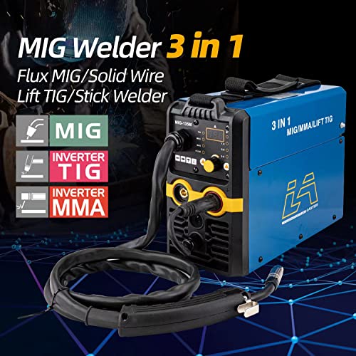 LASTON MIG-135M 110V MIG Welder 3 in 1, 130Amp Flux Core Welder Flux MIG/MMA Welder/Lift TIG,ARC Stick Welder IGBT Digital Display LCD Welding Machine with Electrode Holder, Work Clamp