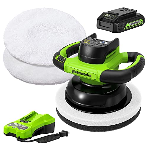 Greenworks 24V Powerful 10" Cordless Orbital Buffer, 10-inch pad 2800 RPM waxing machine with 4 Buffing Bonnets, 2.0Ah USB (Power Bank) Battery & 2A Charger included