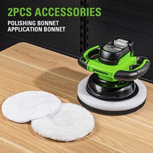 Greenworks 24V Powerful 10" Cordless Orbital Buffer, 10-inch pad 2800 RPM waxing machine with 4 Buffing Bonnets, 2.0Ah USB (Power Bank) Battery & 2A Charger included