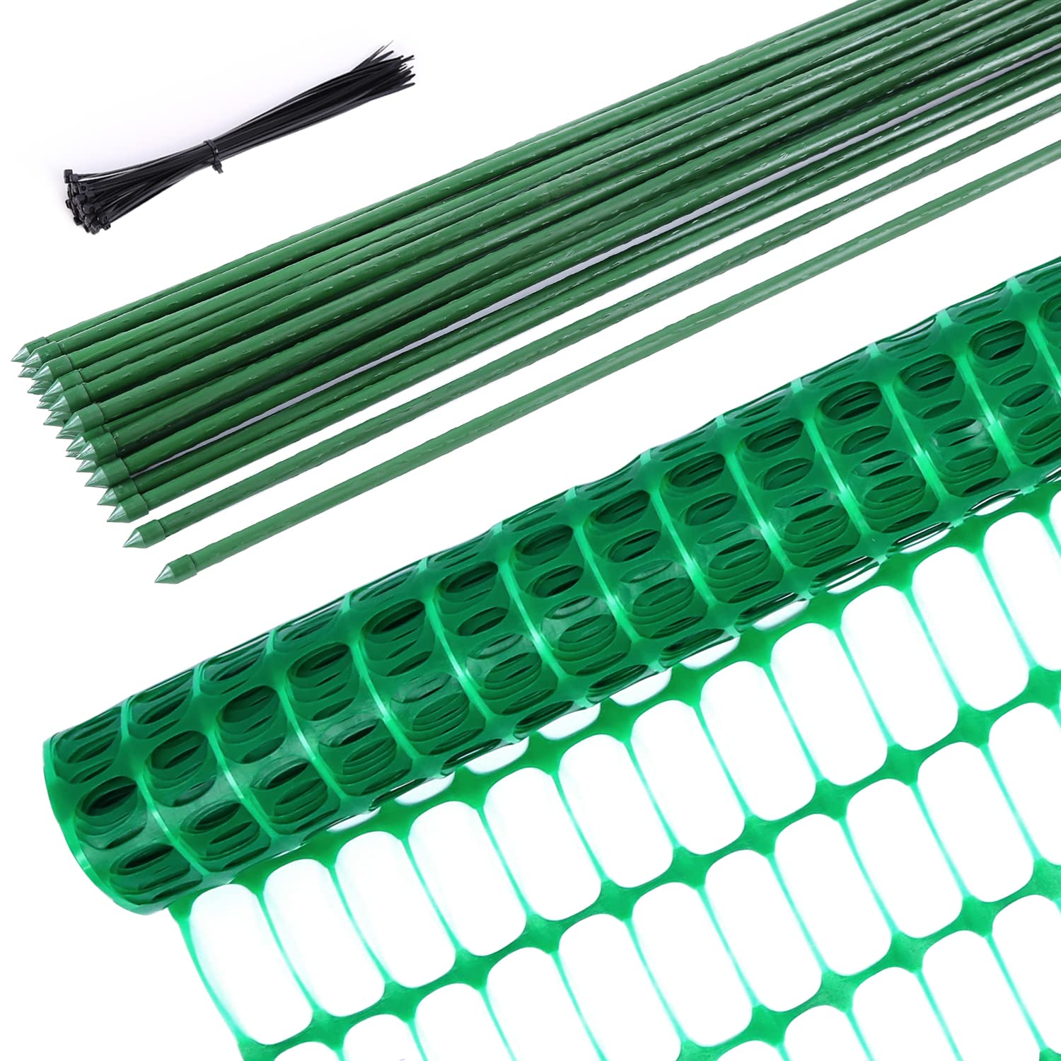 Plastic Garden Fence with Stakes: Ohuhu Green 4x100 FT Reusable Netting Plastic Safety Fence Roll 25 Pack 4 FT Stake, Temporary Pool Fence Snow Fencing Poultry Fences for Deer Rabbits Chicken Dogs