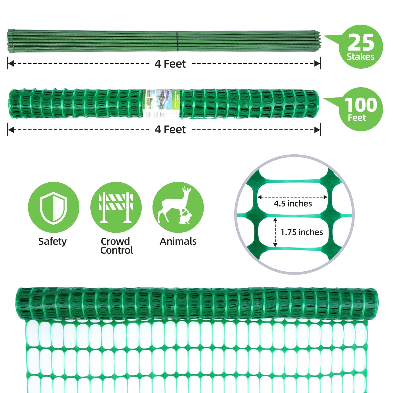 Plastic Garden Fence with Stakes: Ohuhu Green 4x100 FT Reusable Netting Plastic Safety Fence Roll 25 Pack 4 FT Stake, Temporary Pool Fence Snow Fencing Poultry Fences for Deer Rabbits Chicken Dogs