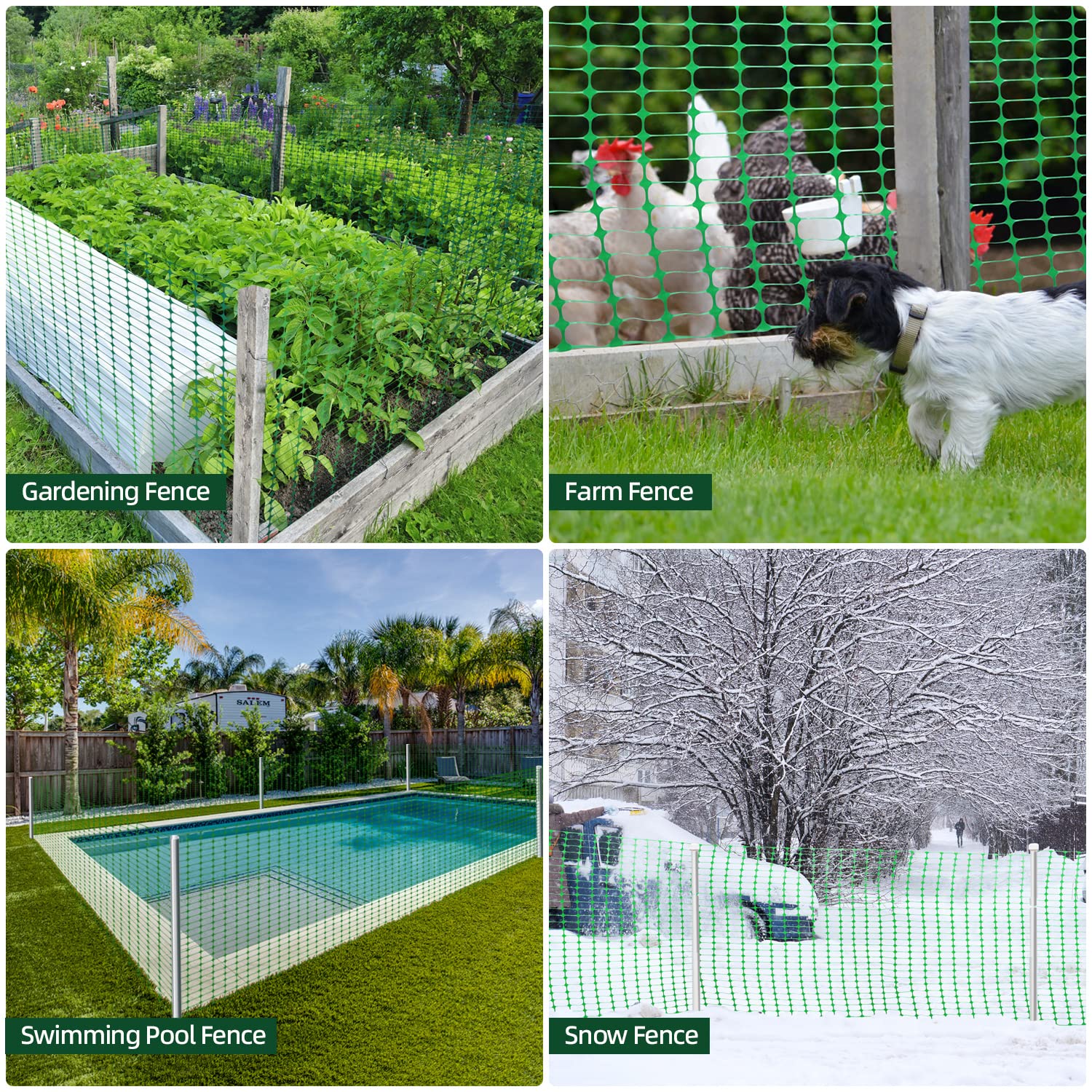 Plastic Garden Fence with Stakes: Ohuhu Green 4x100 FT Reusable Netting Plastic Safety Fence Roll 25 Pack 4 FT Stake, Temporary Pool Fence Snow Fencing Poultry Fences for Deer Rabbits Chicken Dogs