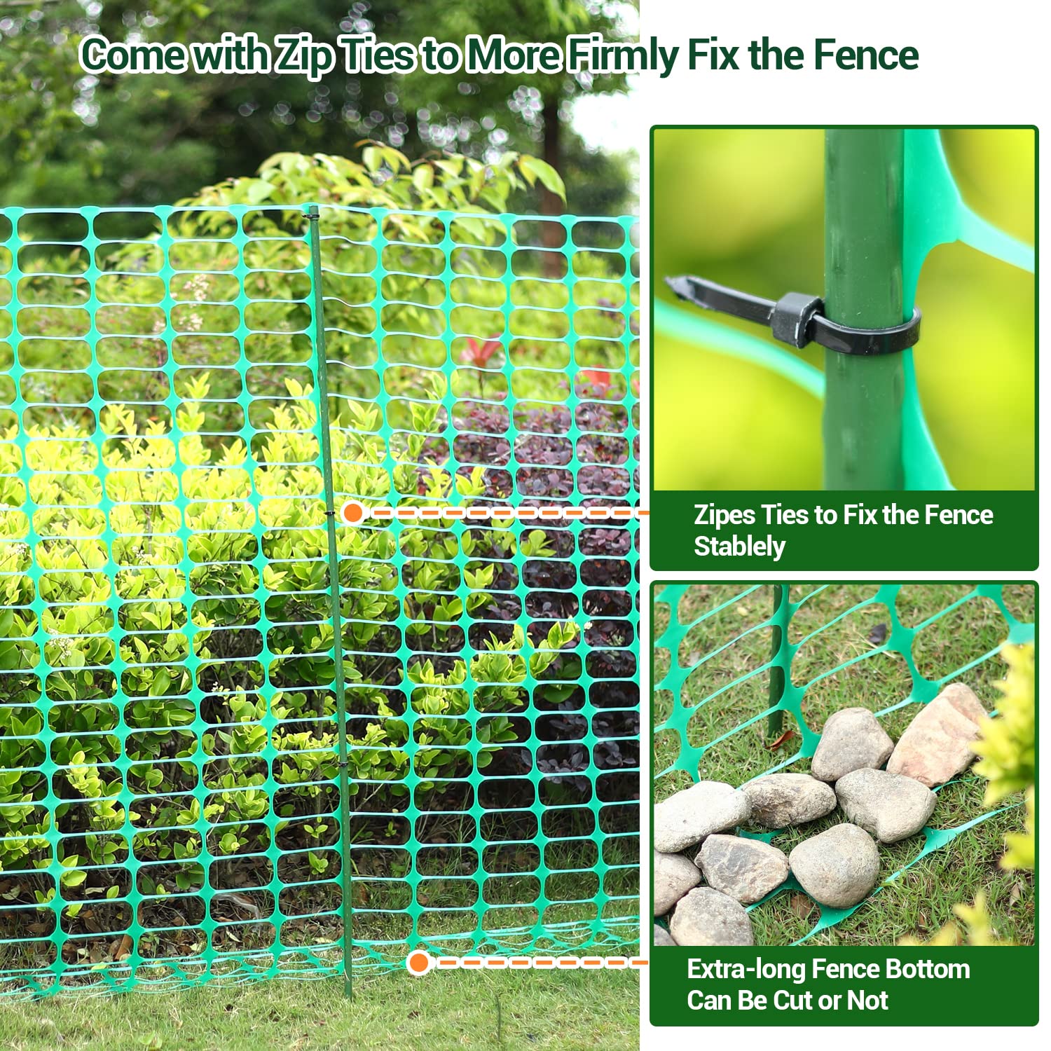 Plastic Garden Fence with Stakes: Ohuhu Green 4x100 FT Reusable Netting Plastic Safety Fence Roll 25 Pack 4 FT Stake, Temporary Pool Fence Snow Fencing Poultry Fences for Deer Rabbits Chicken Dogs