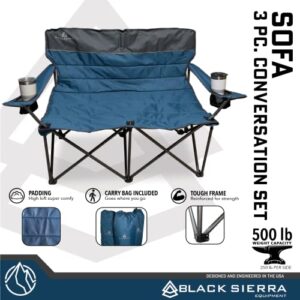 Blue 3 Piece Campfire Conversation Set for Camping, Patio, Hunting, Beach, Outdoor- Camping Folding Padded Loveseat with Deluxe Comfort Chairs- Set- Folding Set for Festivals, Beach, Camping