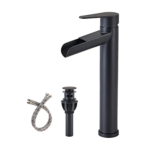 HOTIS Vessel Sink Faucet, Matte Black Waterfall Bathroom Faucet, Tall Body Single Hole Single Handle Bathroom Faucet, Bathroom Sink Faucet with Pop Up Drain and 3/8" Hoses Supply Line