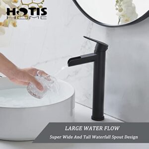 HOTIS Vessel Sink Faucet, Matte Black Waterfall Bathroom Faucet, Tall Body Single Hole Single Handle Bathroom Faucet, Bathroom Sink Faucet with Pop Up Drain and 3/8" Hoses Supply Line