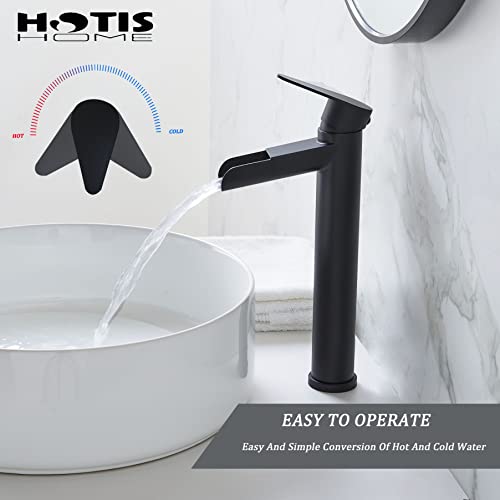 HOTIS Vessel Sink Faucet, Matte Black Waterfall Bathroom Faucet, Tall Body Single Hole Single Handle Bathroom Faucet, Bathroom Sink Faucet with Pop Up Drain and 3/8" Hoses Supply Line