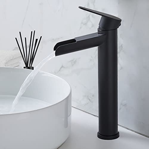 HOTIS Vessel Sink Faucet, Matte Black Waterfall Bathroom Faucet, Tall Body Single Hole Single Handle Bathroom Faucet, Bathroom Sink Faucet with Pop Up Drain and 3/8" Hoses Supply Line