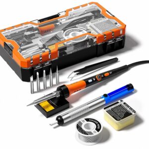 soldering iron premium kit, 60w soldering gun with ceramic heater, 12-in-1 soldering tool, adjustable temperature 200 to 450°c, includes soldering iron tip, solder wire, pump and paste