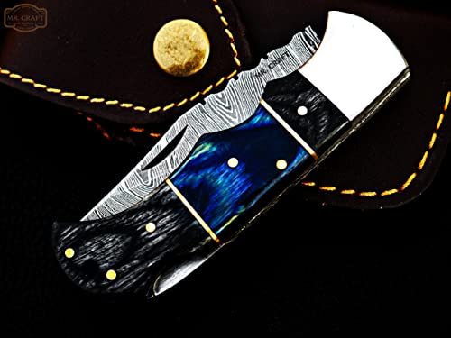 Personalized & Customized Word "A" Damascus pocket knife folding hunting knives 6.5" back lock with leather sheath Damascus blade knife - folding camping pocket knife - small folding knife - handmade gift knife - folding knives - sharpest pocket knife - h