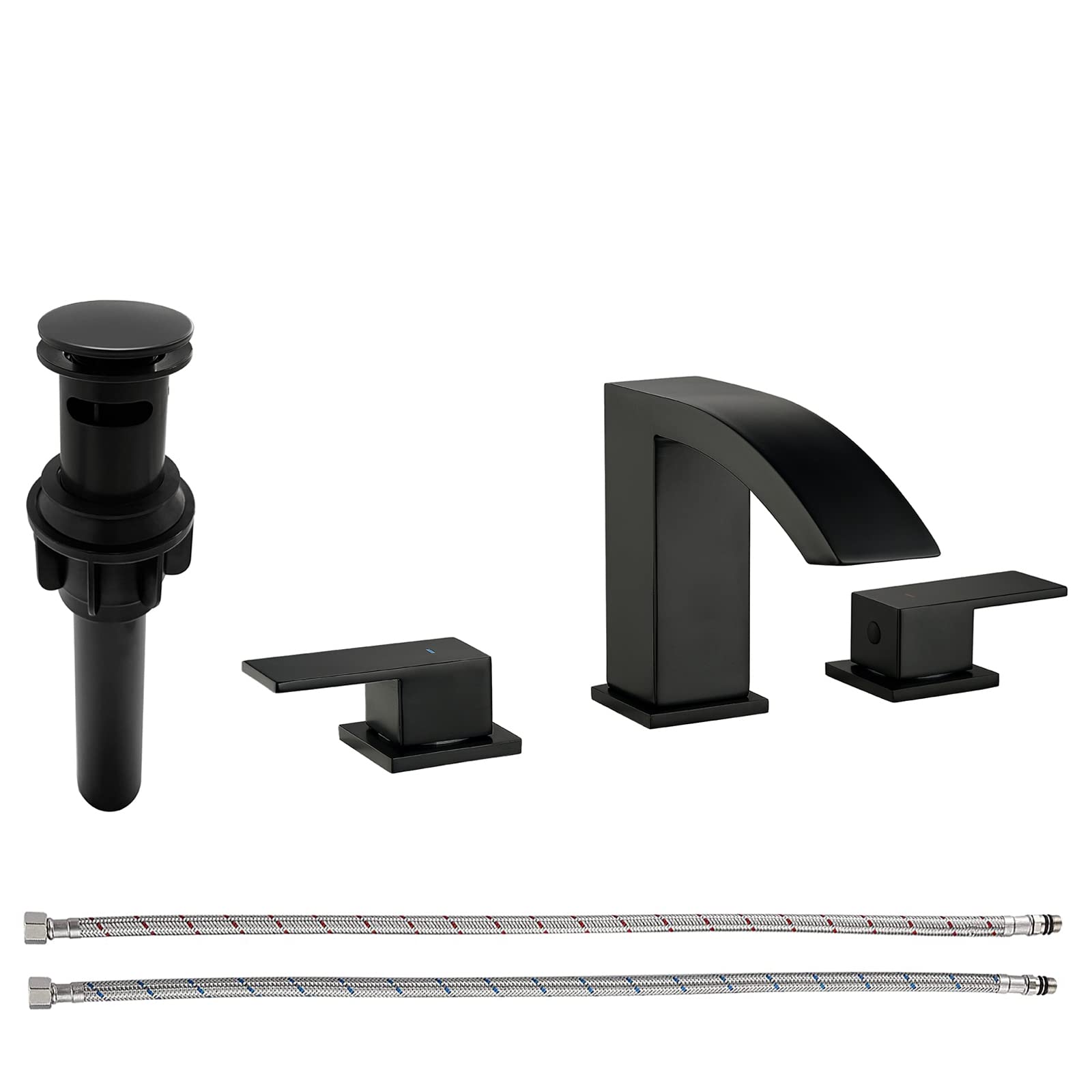 Matte Black Bathroom Faucets for Sink 3 Hole Widespread Waterfall Vanity Faucets Basin Faucet with Pop-Up Drain 8 inch Bathroom Lavatory Faucet