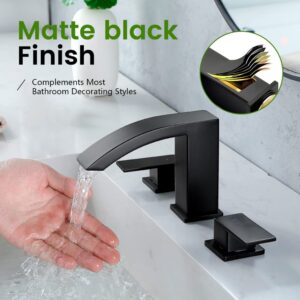 Matte Black Bathroom Faucets for Sink 3 Hole Widespread Waterfall Vanity Faucets Basin Faucet with Pop-Up Drain 8 inch Bathroom Lavatory Faucet