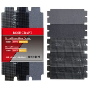 boshcraft 25 pcs sanding screen mesh sheet, drywall sandpaper assortment 80/100/150/180/220 grit wet or dry sandpaper for wood metal automative hand sander pole sander 4-3/16" x 11"