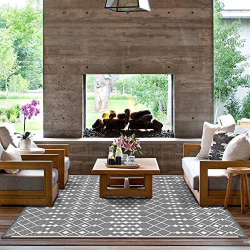 GENIMO Outdoor Rug for Patio Clearance, 5'x8'Waterproof Reversible Outside Outdoor Decor, Area Boho Rug, Plastic Straw Mat for RV, Deck, Patio, Camping, Picnic, Porch, Camper, Grey&White