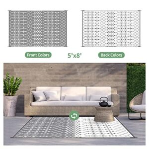 GENIMO Outdoor Rug for Patio Clearance, 5'x8'Waterproof Reversible Outside Outdoor Decor, Area Boho Rug, Plastic Straw Mat for RV, Deck, Patio, Camping, Picnic, Porch, Camper, Grey&White