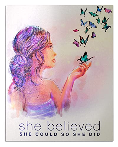 Inspirational 'She Believed She Could So She Did' Wall Art Poster Unframed, Positive Quotes Motivational Wall Decor for Women, Inspiring Girl & Butterflies Bedroom Wall Posters by Briteside Vibes