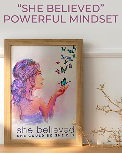 Inspirational 'She Believed She Could So She Did' Wall Art Poster Unframed, Positive Quotes Motivational Wall Decor for Women, Inspiring Girl & Butterflies Bedroom Wall Posters by Briteside Vibes