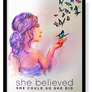 Inspirational 'She Believed She Could So She Did' Wall Art Poster Unframed, Positive Quotes Motivational Wall Decor for Women, Inspiring Girl & Butterflies Bedroom Wall Posters by Briteside Vibes