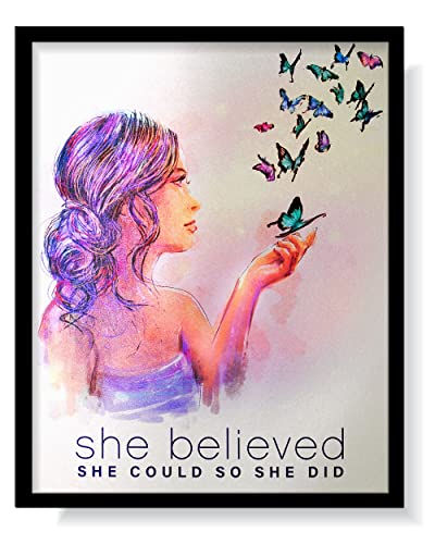 Inspirational 'She Believed She Could So She Did' Wall Art Poster Unframed, Positive Quotes Motivational Wall Decor for Women, Inspiring Girl & Butterflies Bedroom Wall Posters by Briteside Vibes