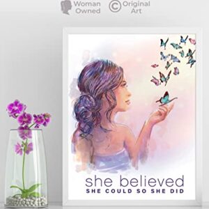 Inspirational 'She Believed She Could So She Did' Wall Art Poster Unframed, Positive Quotes Motivational Wall Decor for Women, Inspiring Girl & Butterflies Bedroom Wall Posters by Briteside Vibes